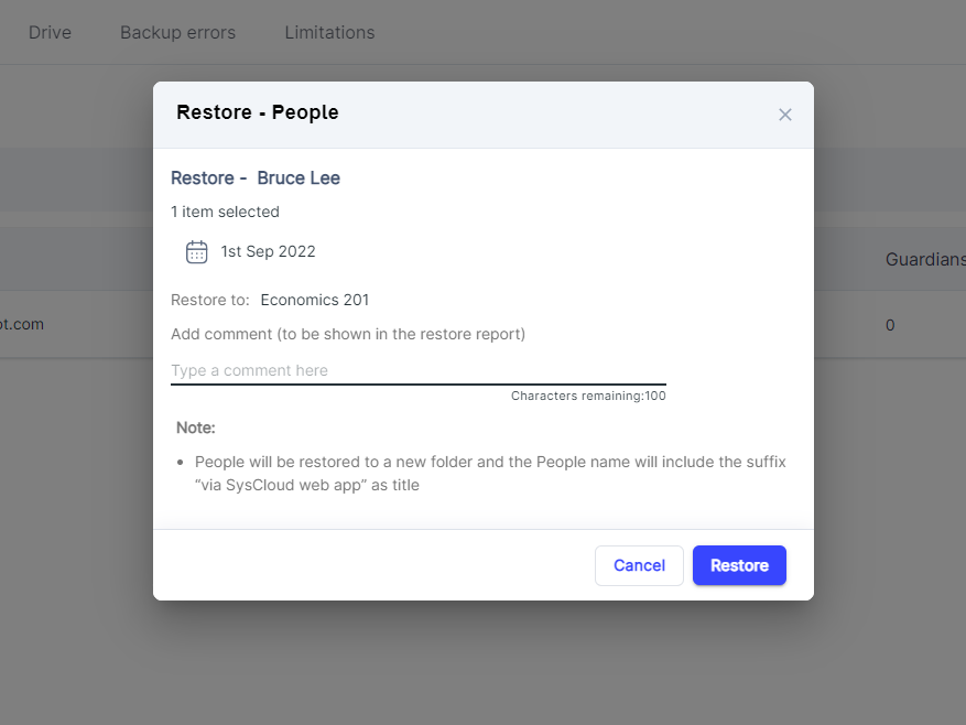 How to restore the Google Classroom People data from the SysCloud application?